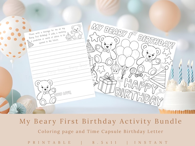 Beary First Birthday Coloring Page & Time Capsule Letter (digital ...