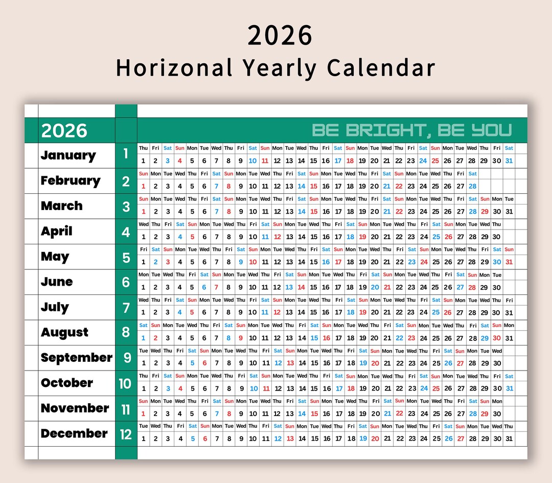 2026 Year at a Glance Calendar, A1 Horizontal Planner (digital Download ...