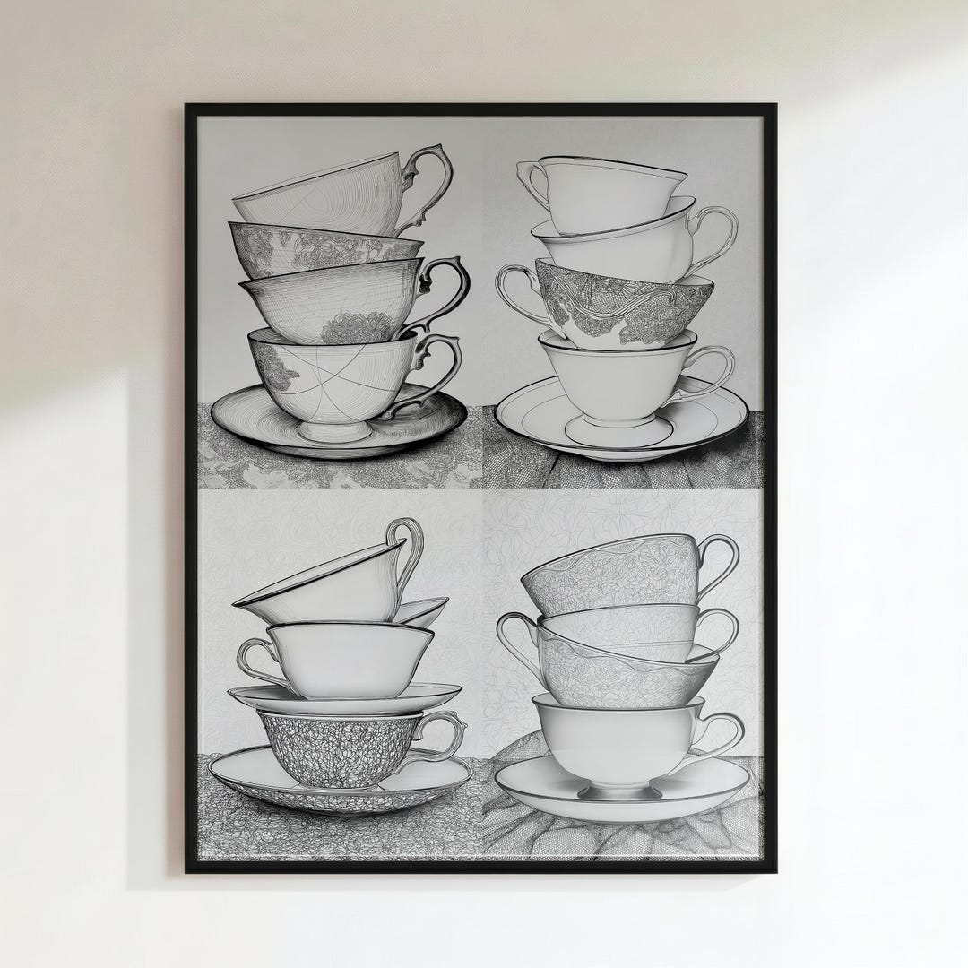 Vintage Teacup Sketch Art Print - Black & White Kitchen Decor (digital ...