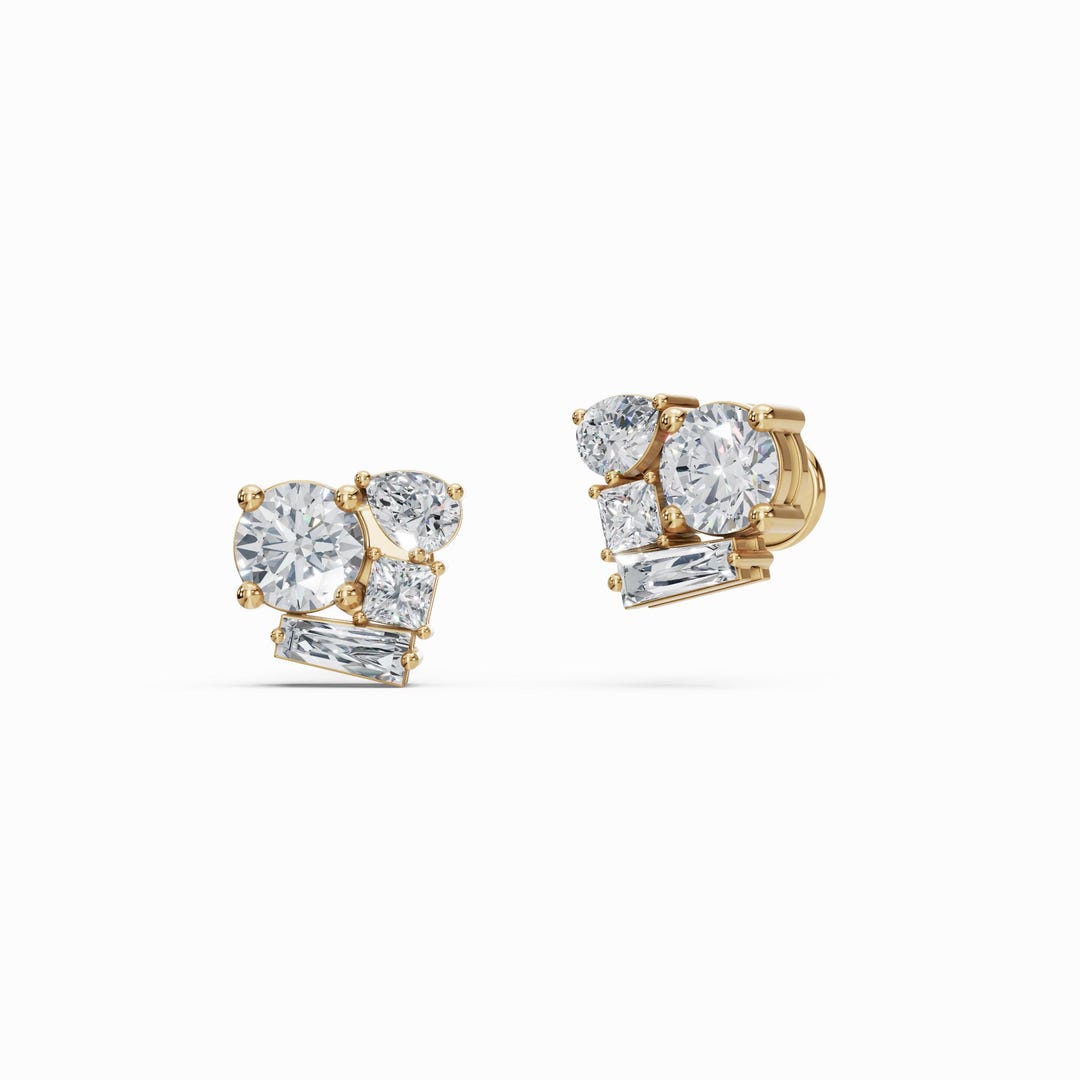 14k Gold Diamond Cluster Earrings, Multi Shaped Diamond Earrings ...