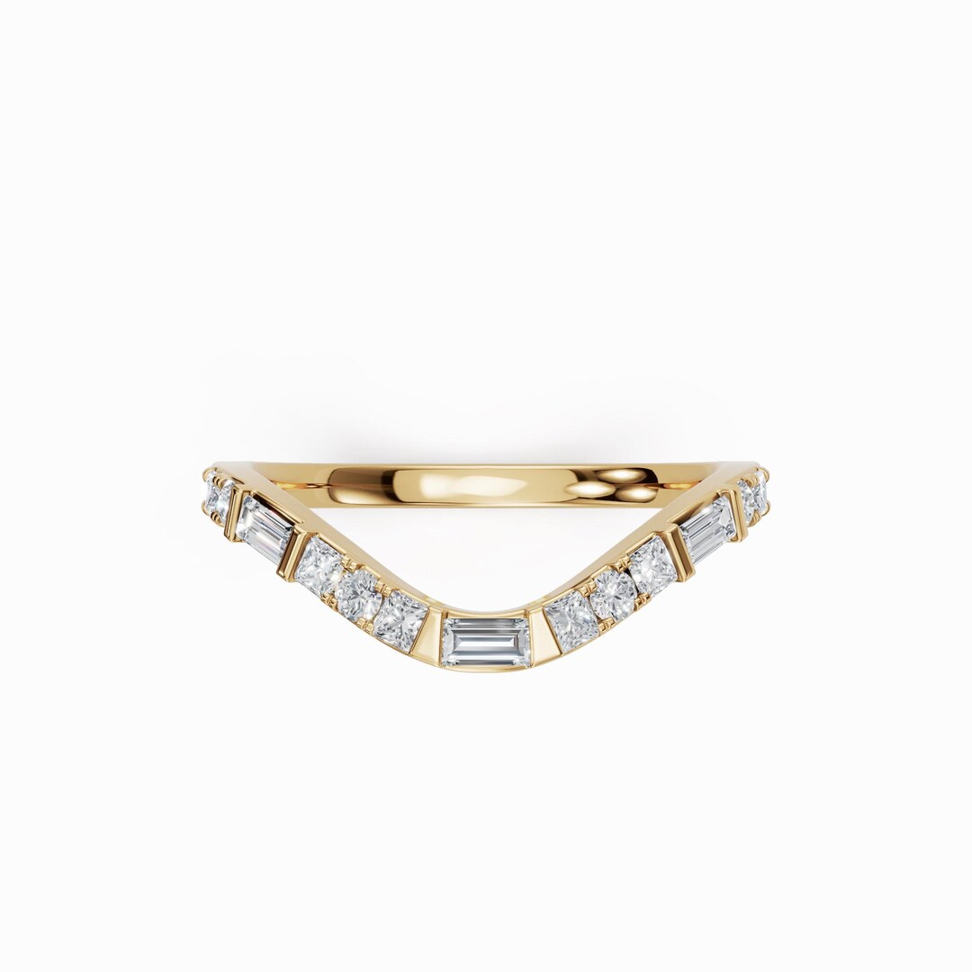 14k Gold Diamond Curved Band, Natural Diamond V Ring, Gold Chevron Ring ...