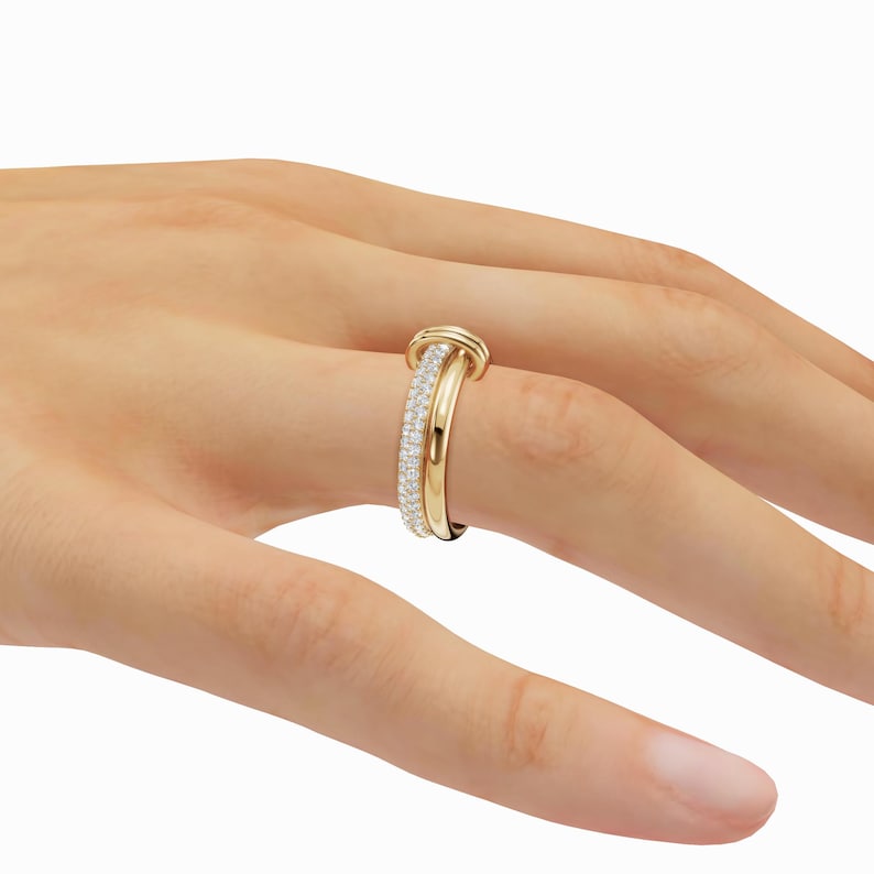 14K Gold Interlocking Diamond Ring Set, Pave Diamond Eternity Band ...