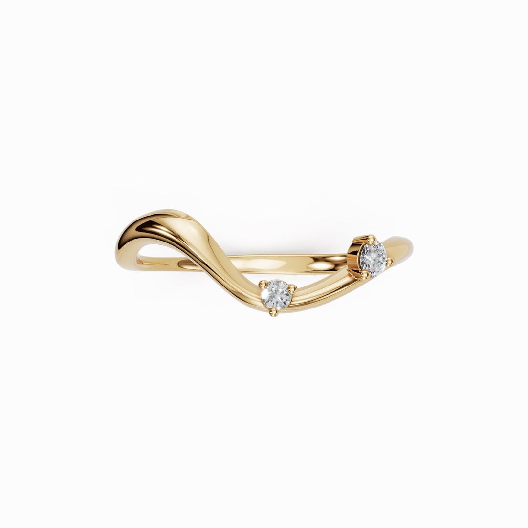 14k Gold Wave Diamond Ring, Minimalist Curved Ring, Dainty Diamond Band ...