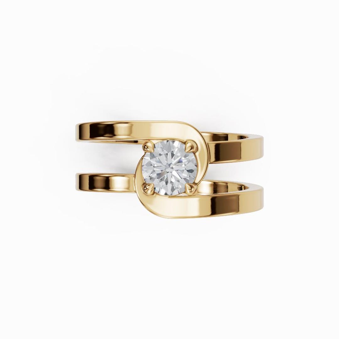 Round Cut Diamond Ring, 14k Gold Split Shank Wedding Band, Natural ...