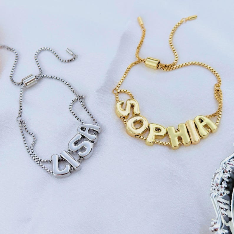 18k Gold Bubble Name Bracelets • Custom Name Cuff Bracelet • Balloon ...