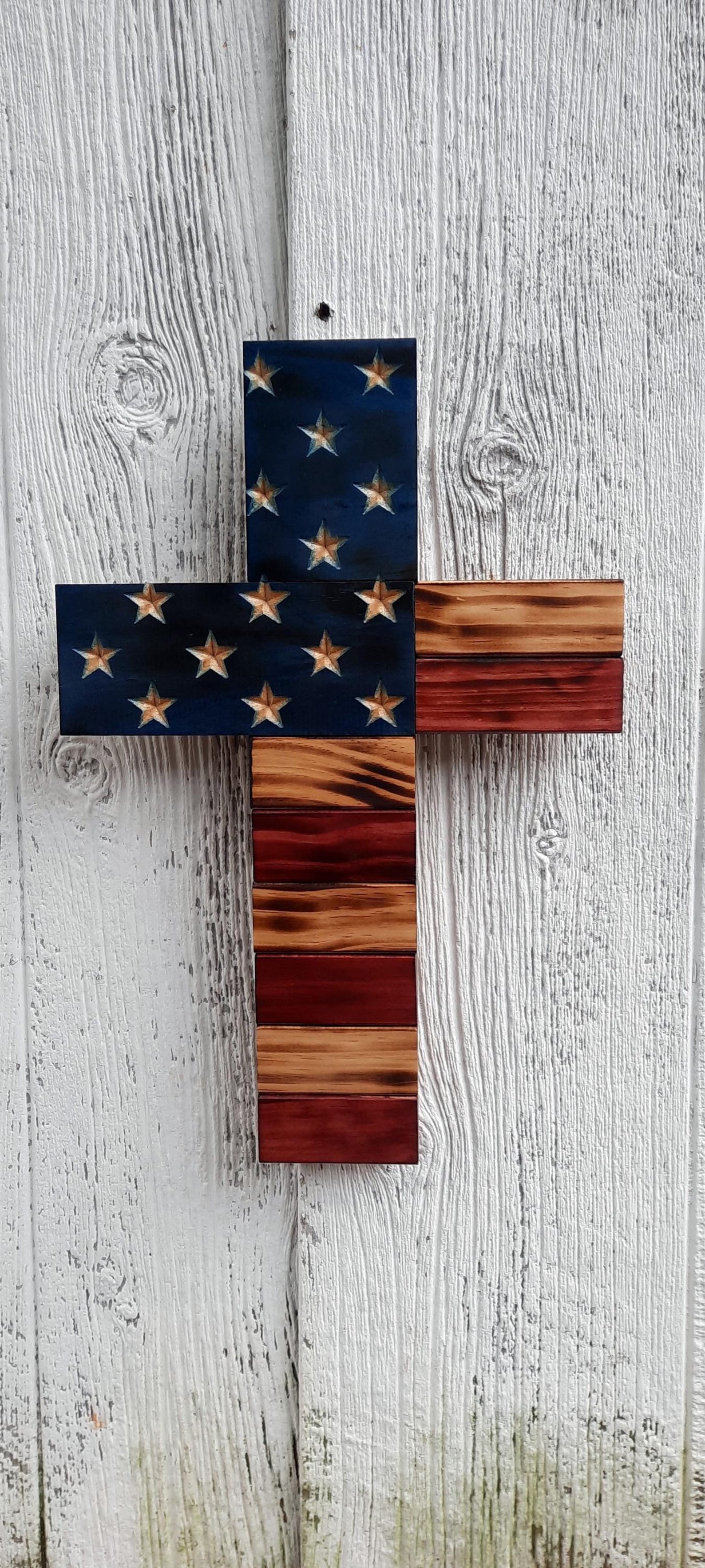 Rustic Burnt Wood American Flag Cross: Patriotic Wall Decor - Etsy
