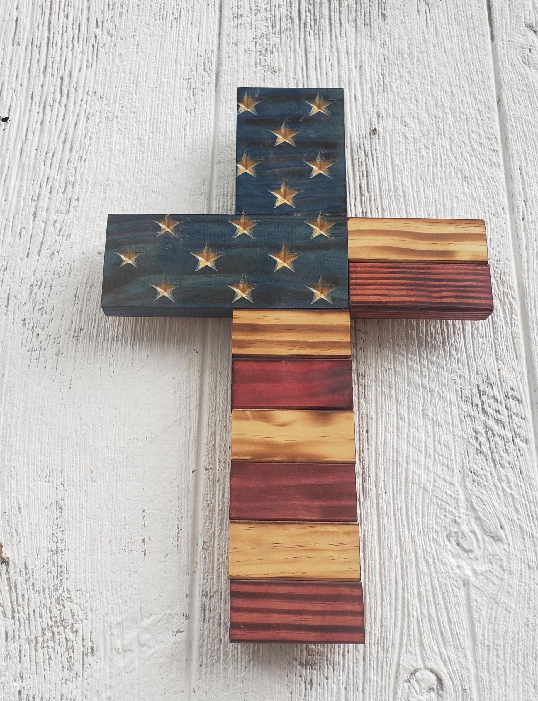 Rustic Burnt Wood American Flag Cross: Patriotic Wall Decor - Etsy