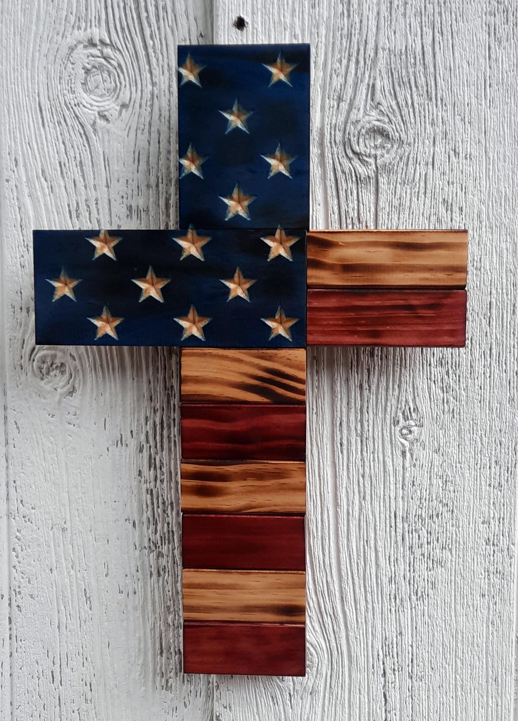 Rustic Burnt Wood American Flag Cross: Patriotic Wall Decor - Etsy