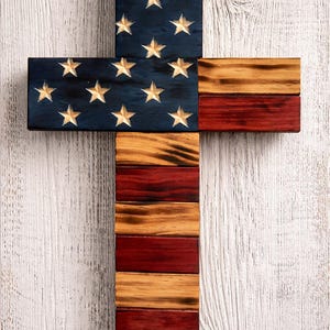 Rustic Burnt Wood American Flag Cross: Patriotic Wall Decor - Etsy