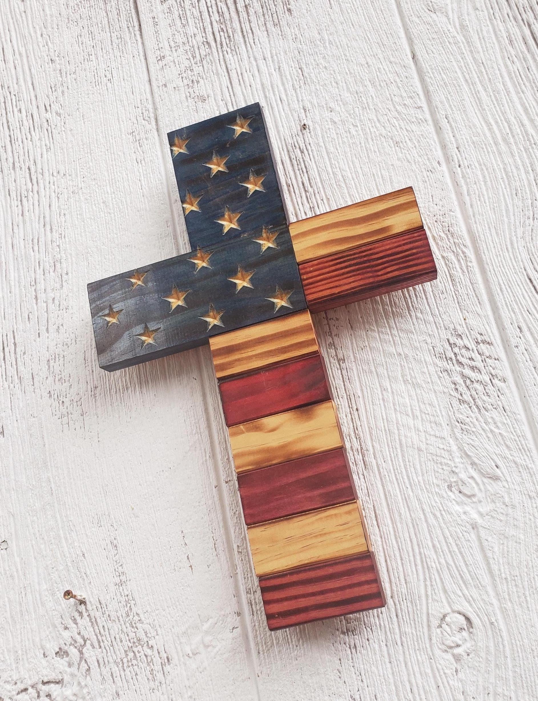 Rustic Burnt Wood American Flag Cross: Patriotic Wall Decor - Etsy