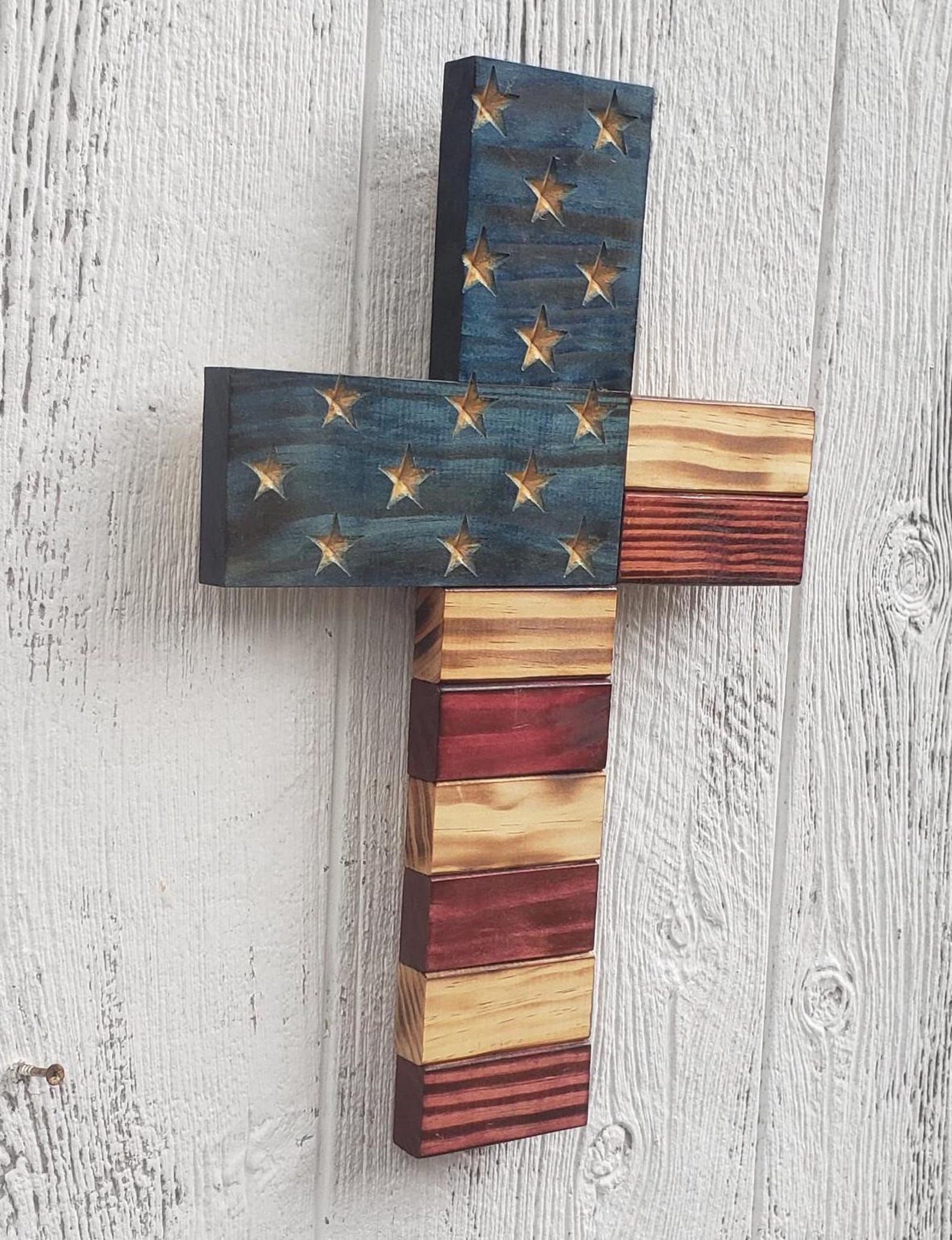 Rustic Burnt Wood American Flag Cross: Patriotic Wall Decor - Etsy