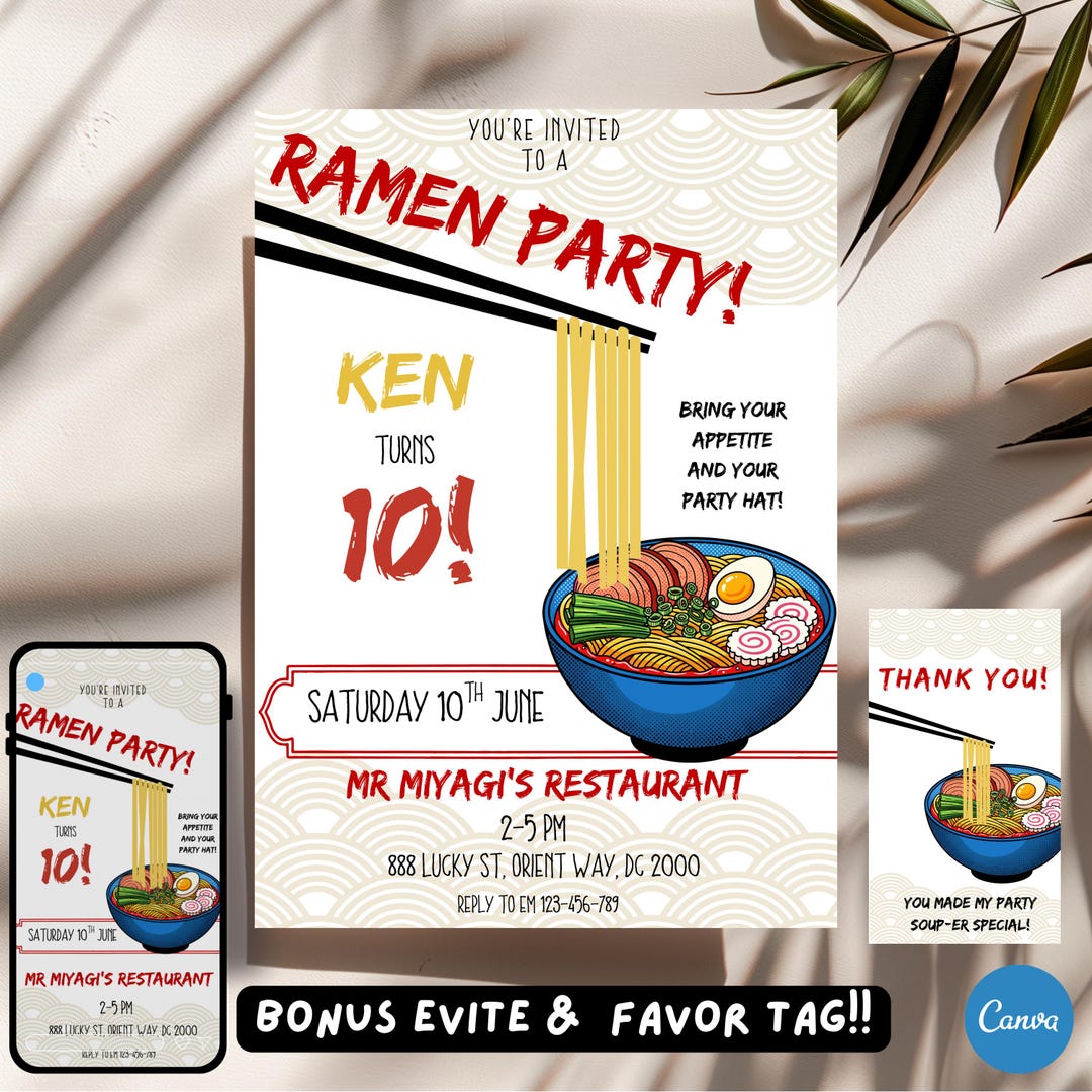 Ramen Party Invitation : Ramen Night Noodle Birthday Invite Bundle ...