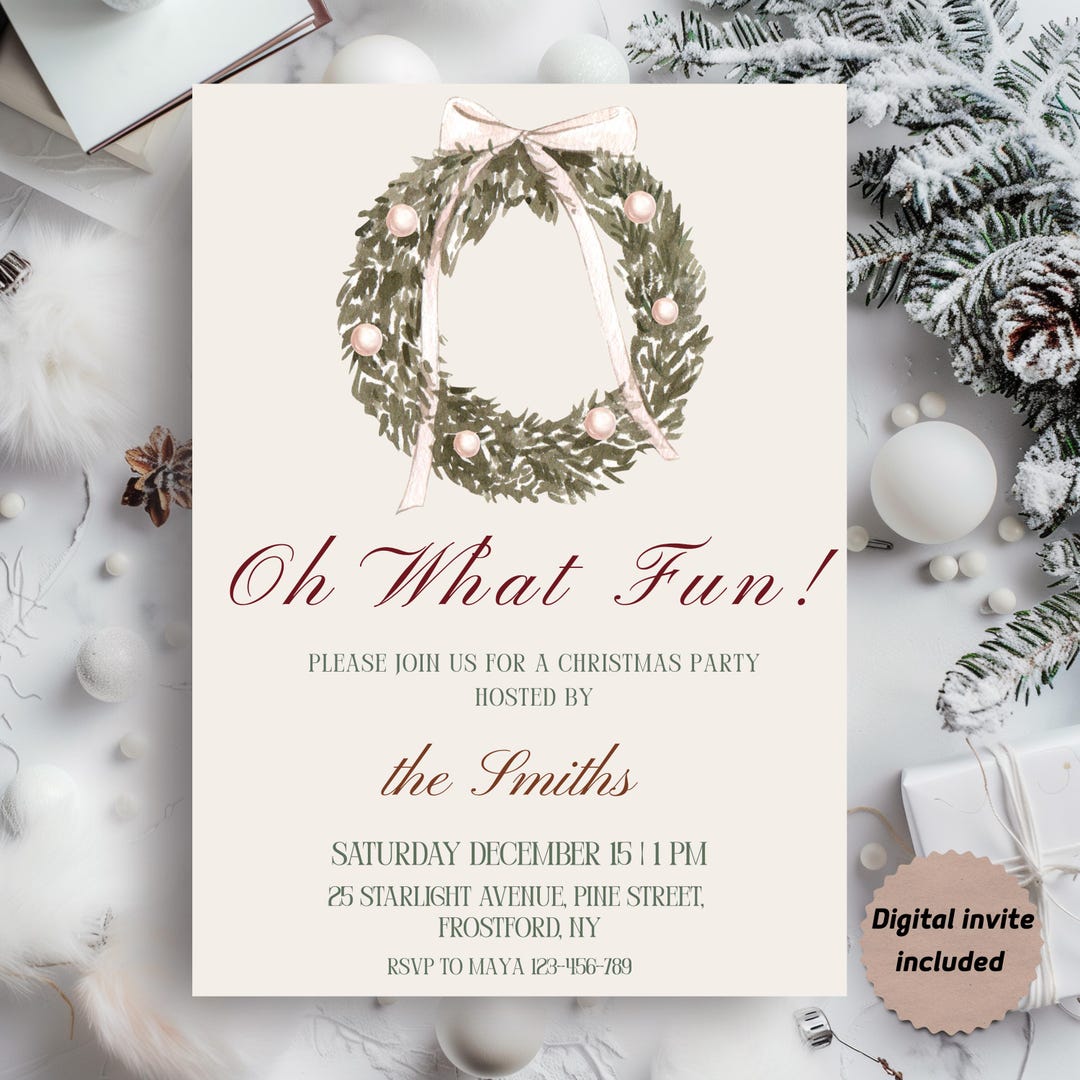 Oh What Fun Christmas Party Invitation, Gold Wreath Invite ...