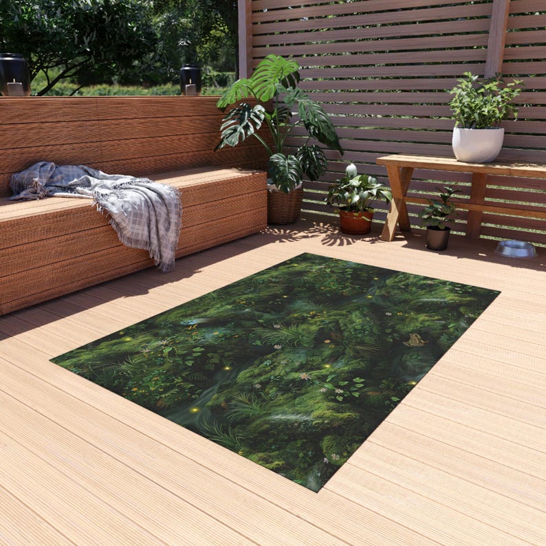 Moss Frog Cottagecore Outdoor Area Rug, Mossy Wildflower Fireflies ...