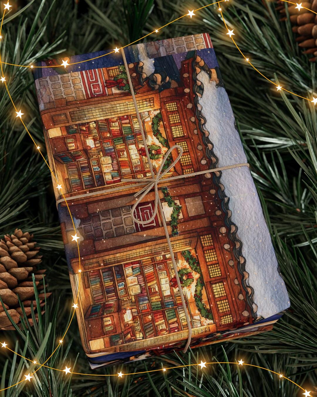 Korean Cozy Hanok Bookstore Vintage Christmas Watercolor Wrapping Paper ...