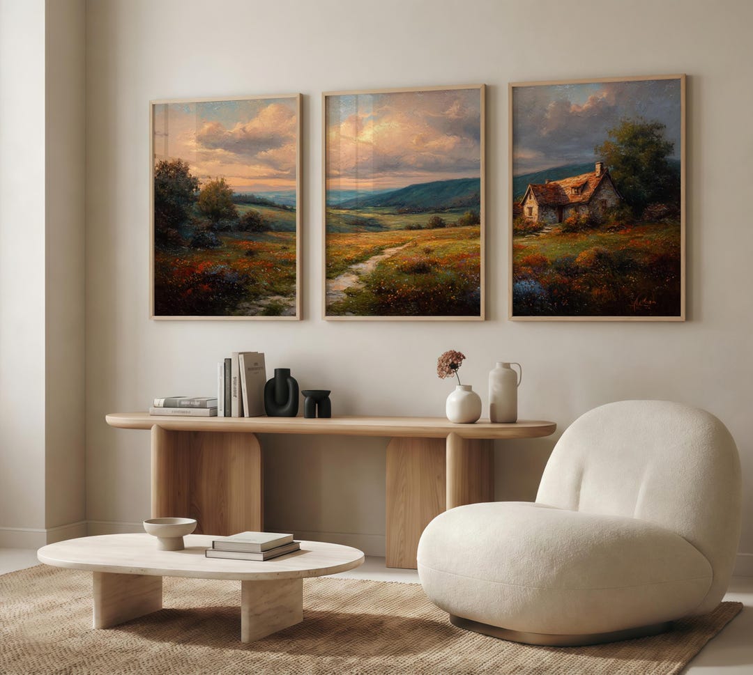 Vintage Cottagecore Landscape Triptych, Antique Countryside Oil ...