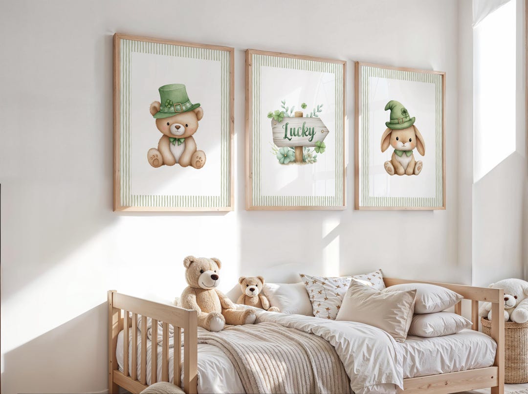 Lucky Green Nursery Wall Art Set of 3, Teddy Bear Bunny Prints, St ...