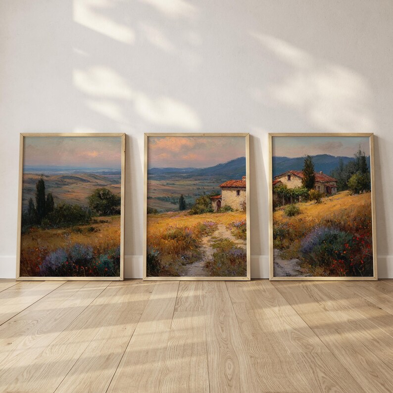 Vintage Italian Landscape Triptych Art, Rustic Farmhouse Wall Art Set ...