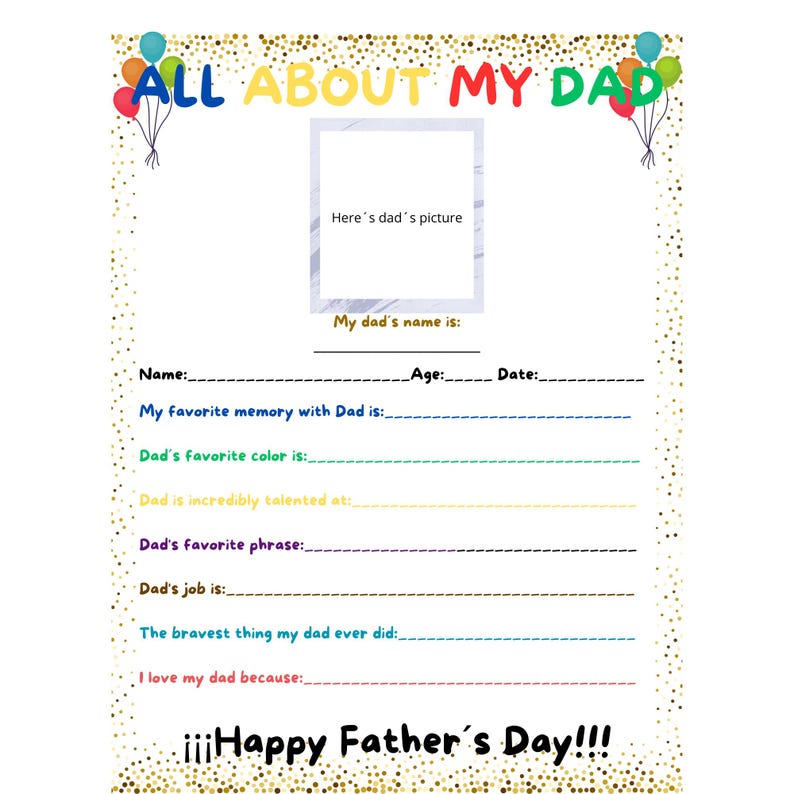 All About My Dad Questionnaire - Father Day- Instant Download Pdf- Gift ...
