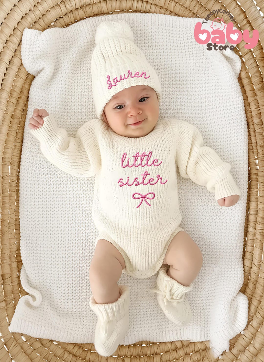 EMBROIDERED Little Sister Knit Ruffles Romper, Lil Sis Knitted Set With ...