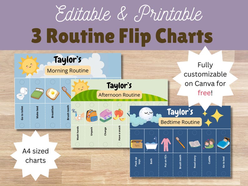 Editable Routine Flip Charts for Kids, Morning, Afternoon, Bedtime ...