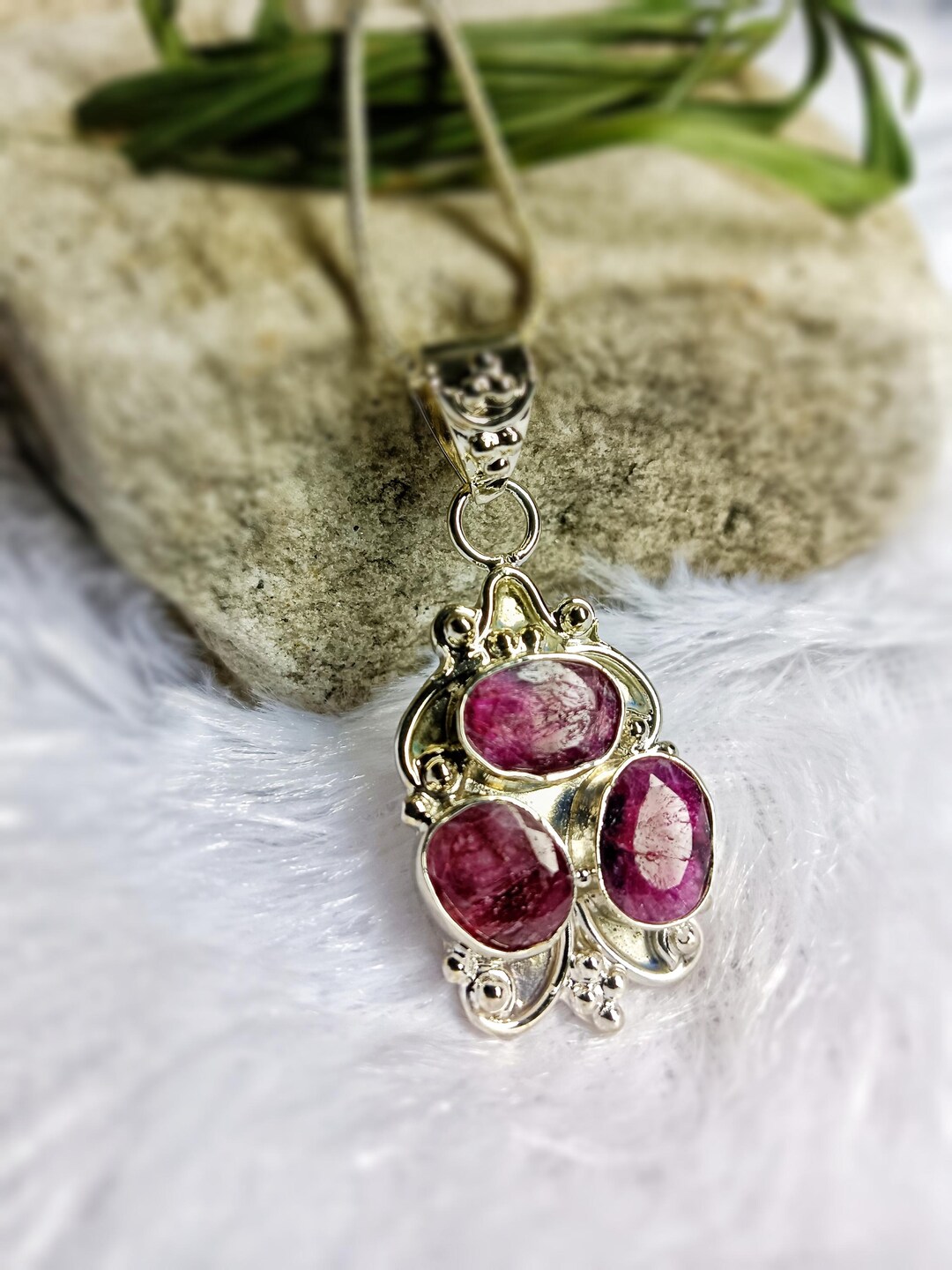 Natural Ruby Gemstone Pendant With Chain, Sterling Silver, Vintage ...
