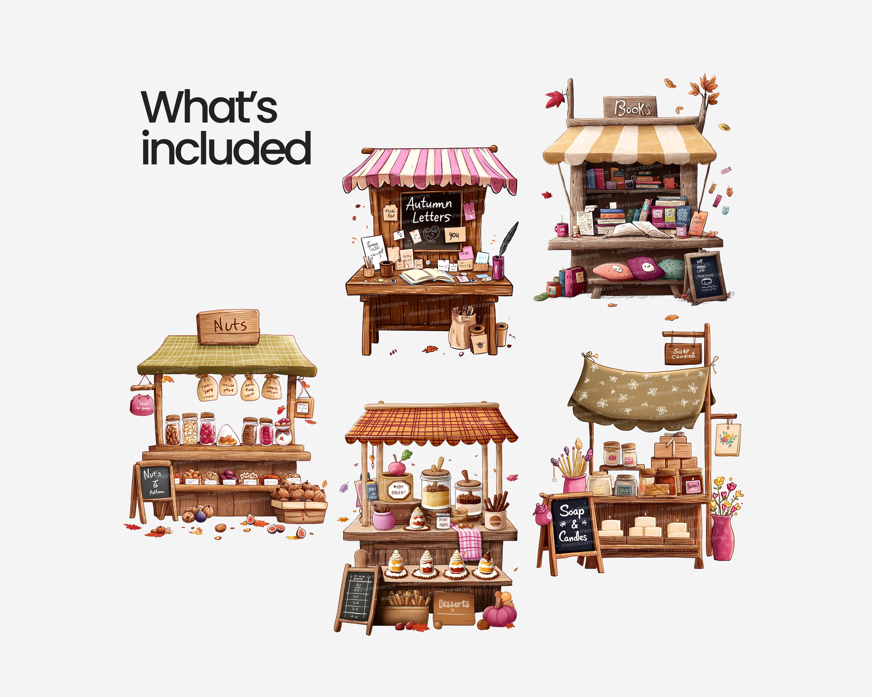 Autumn Market Stalls Clipart Bundle: Cozy Fall Vendor Booths (PNG ...