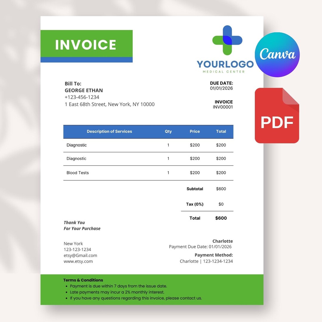 Medical Invoice Template | Editable Healthcare Billing Form | Doctor ...