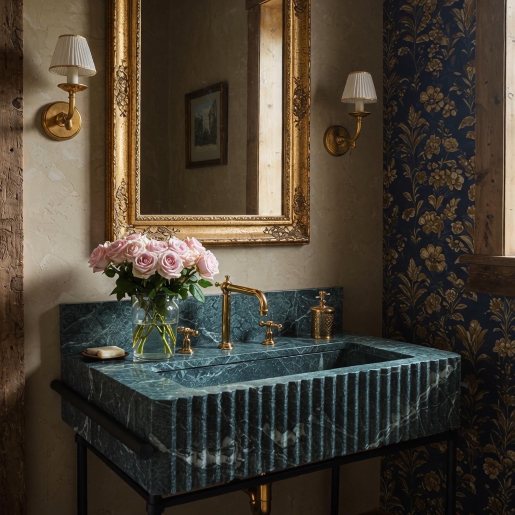 Green Fluted Marble Vanity Sink With Gold Faucet – Luxury Wall Mounted ...