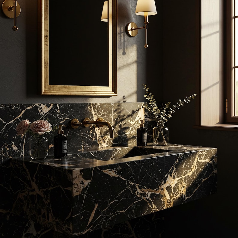 Midnight Gold Marble Sink – Sculpted Black Stone Vanity for Luxury ...