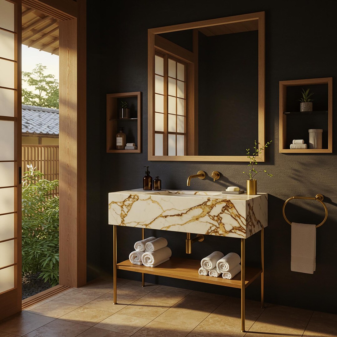 Wall Mounted Calacatta Gold Marble Vanity Sink With Wooden Base ...