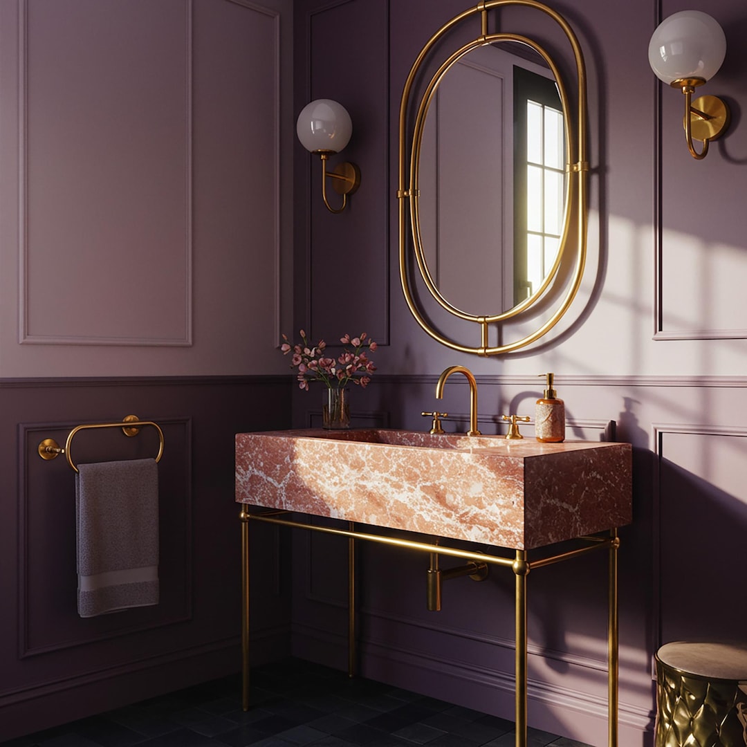 Wall Mounted Pink Violet Marble Vanity Sink With Wooden Base – Floating ...