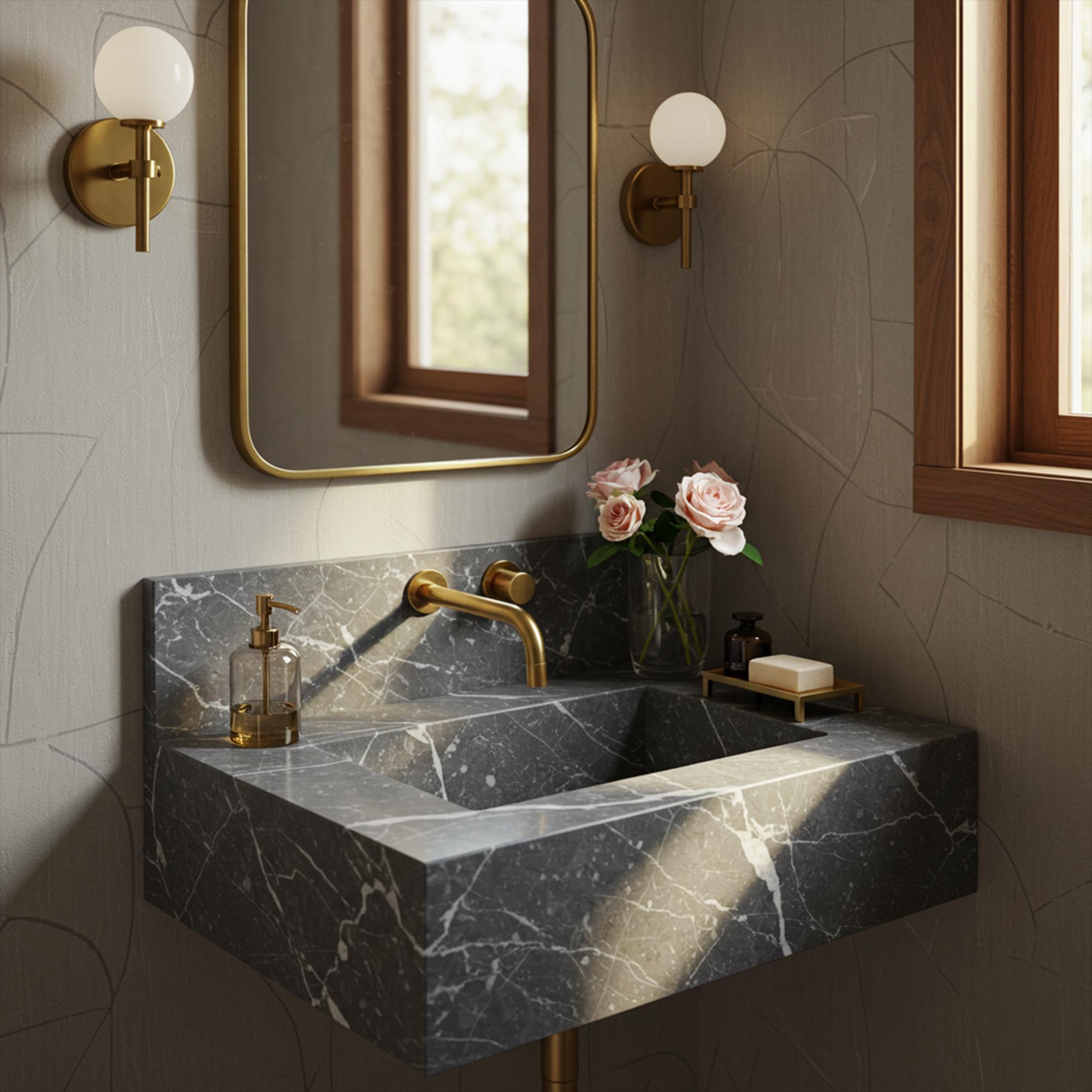 Luxury Nero Marble Sink – Wall-mounted Black Stone Vanity Basin for ...