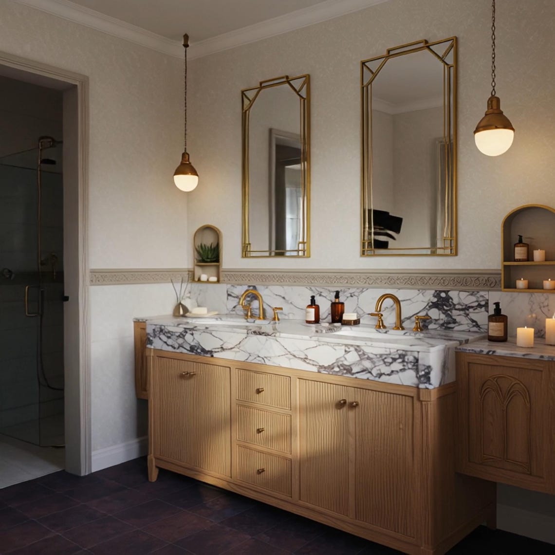 Extra Wide Double Sink Vanity, Calacatta Marble Top With Fluted Wooden ...