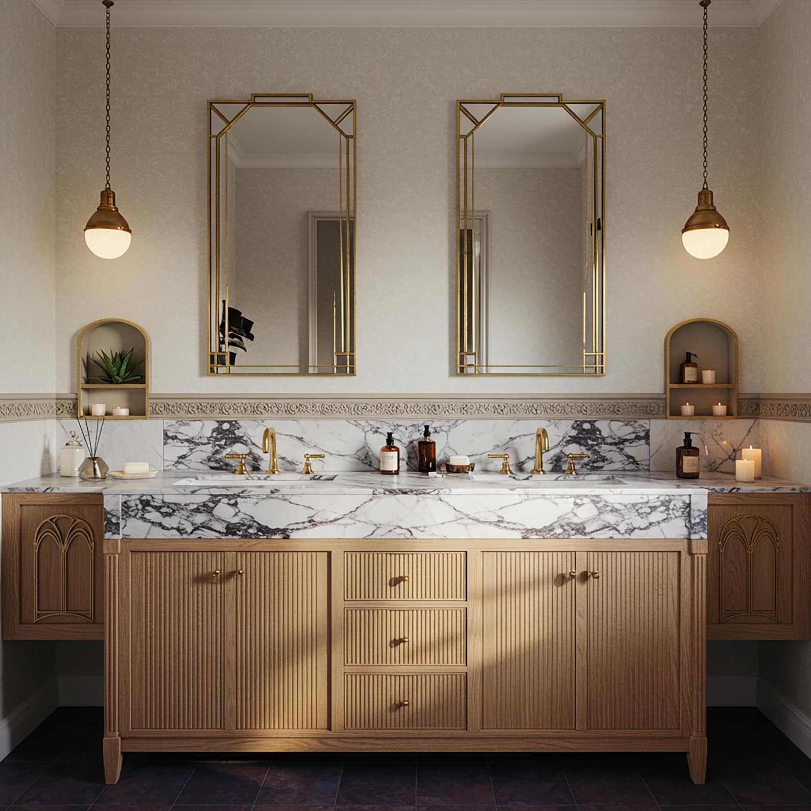 Extra Wide Double Sink Vanity, Calacatta Marble Top With Fluted Wooden ...