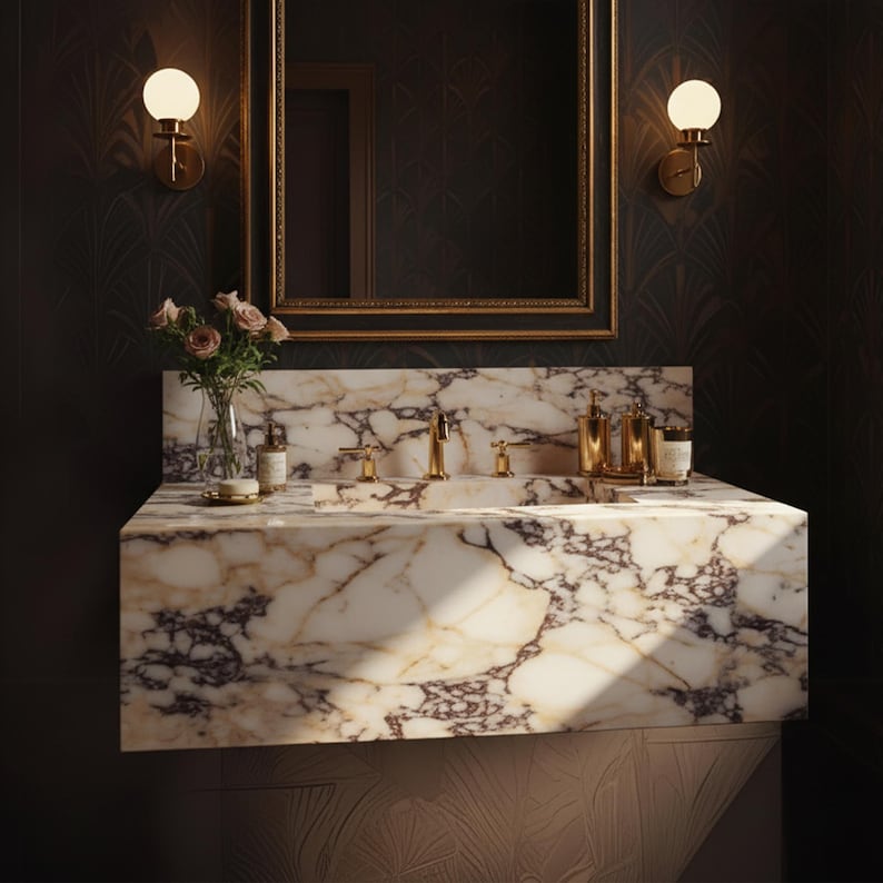 Calacatta Amber Viola Marble Sink With Gold Fixtures – Luxury Wall ...
