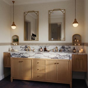 Extra Wide Double Sink Vanity, Calacatta Marble Top With Fluted Wooden ...