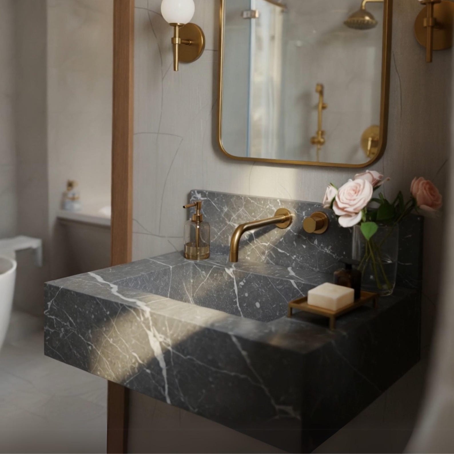 Luxury Nero Marble Sink – Wall-mounted Black Stone Vanity Basin for ...