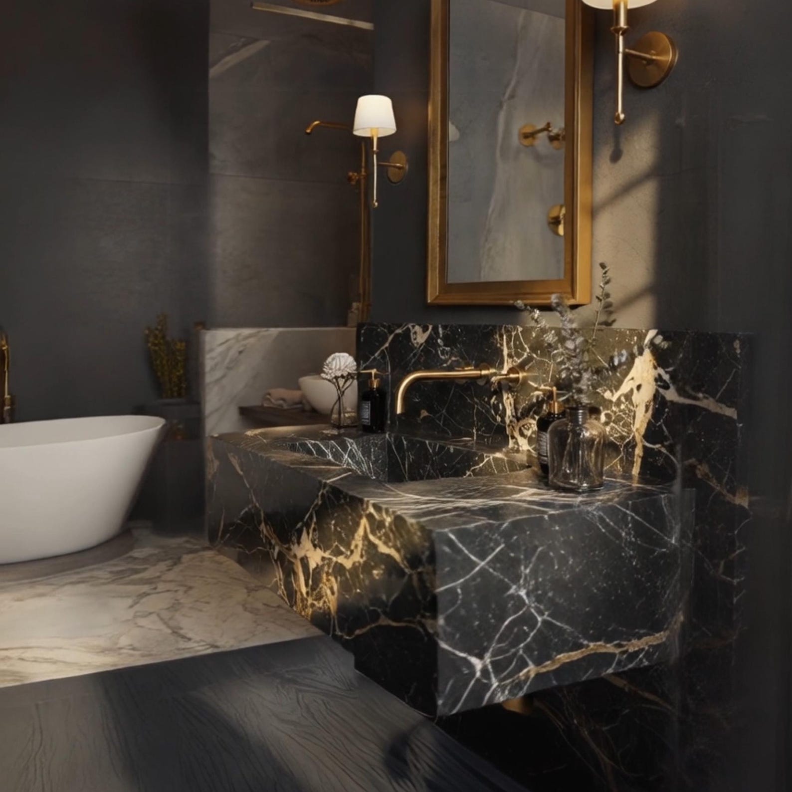 Midnight Gold Marble Sink – Sculpted Black Stone Vanity for Luxury ...
