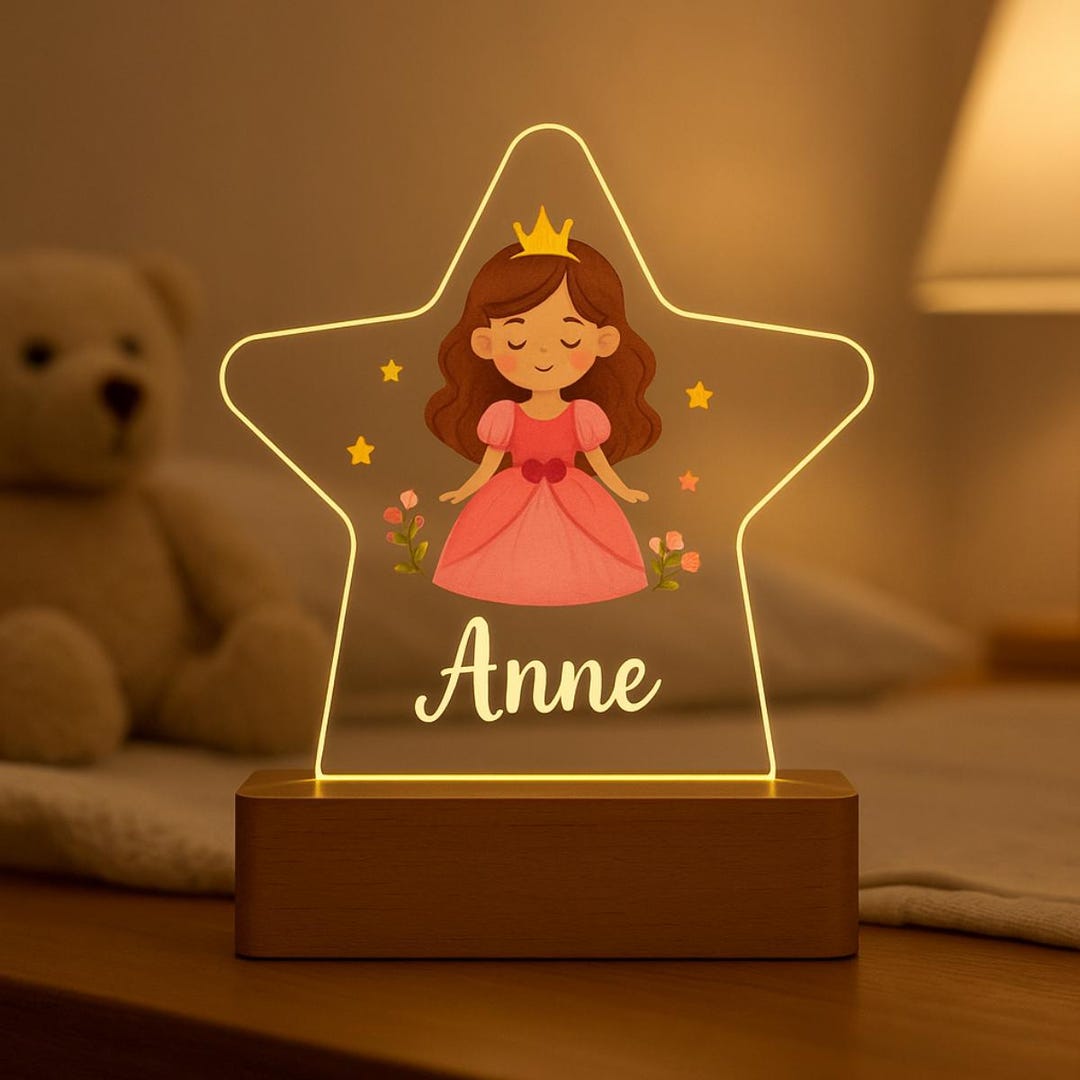 Personalized Princess Night Light, Custom Engraved Star LED Lamp, Girls ...
