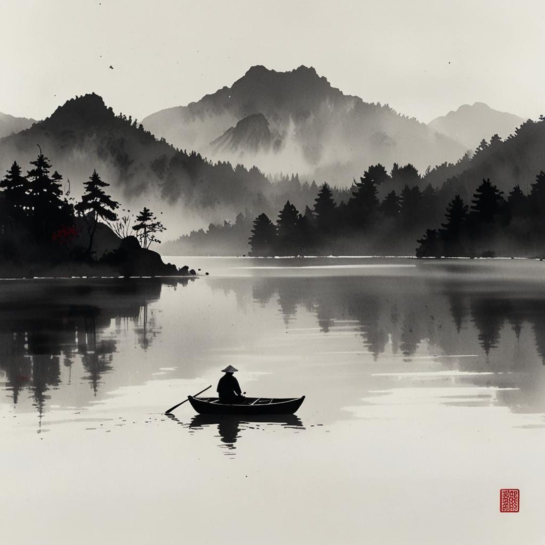 Serene Japanese Sumi-e Ink Painting of Lake and Boat – Zen Wall Art ...