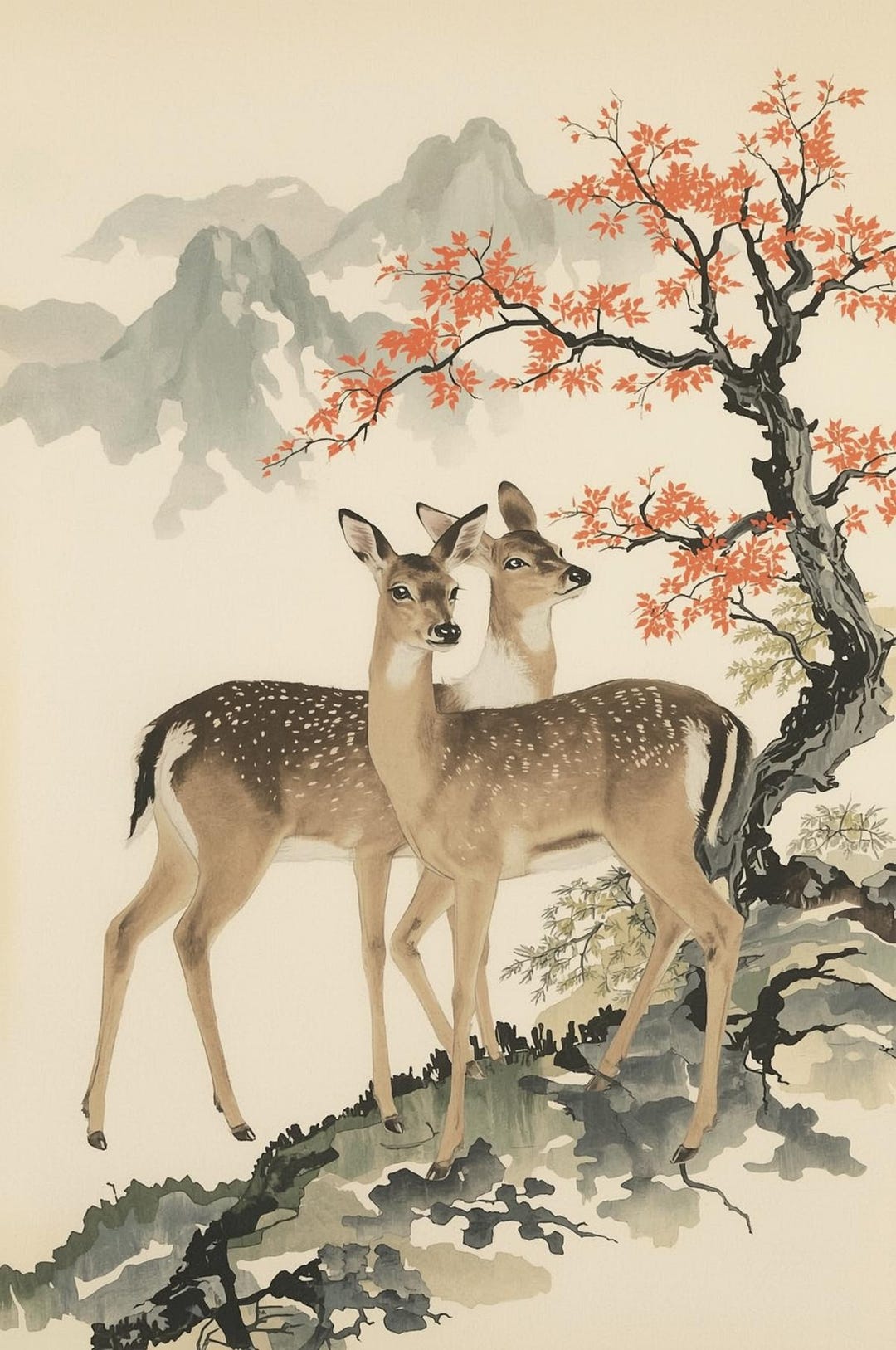 Elegant Deer in Autumn Forest – Japanese Sumi-e Style Wall Art ...