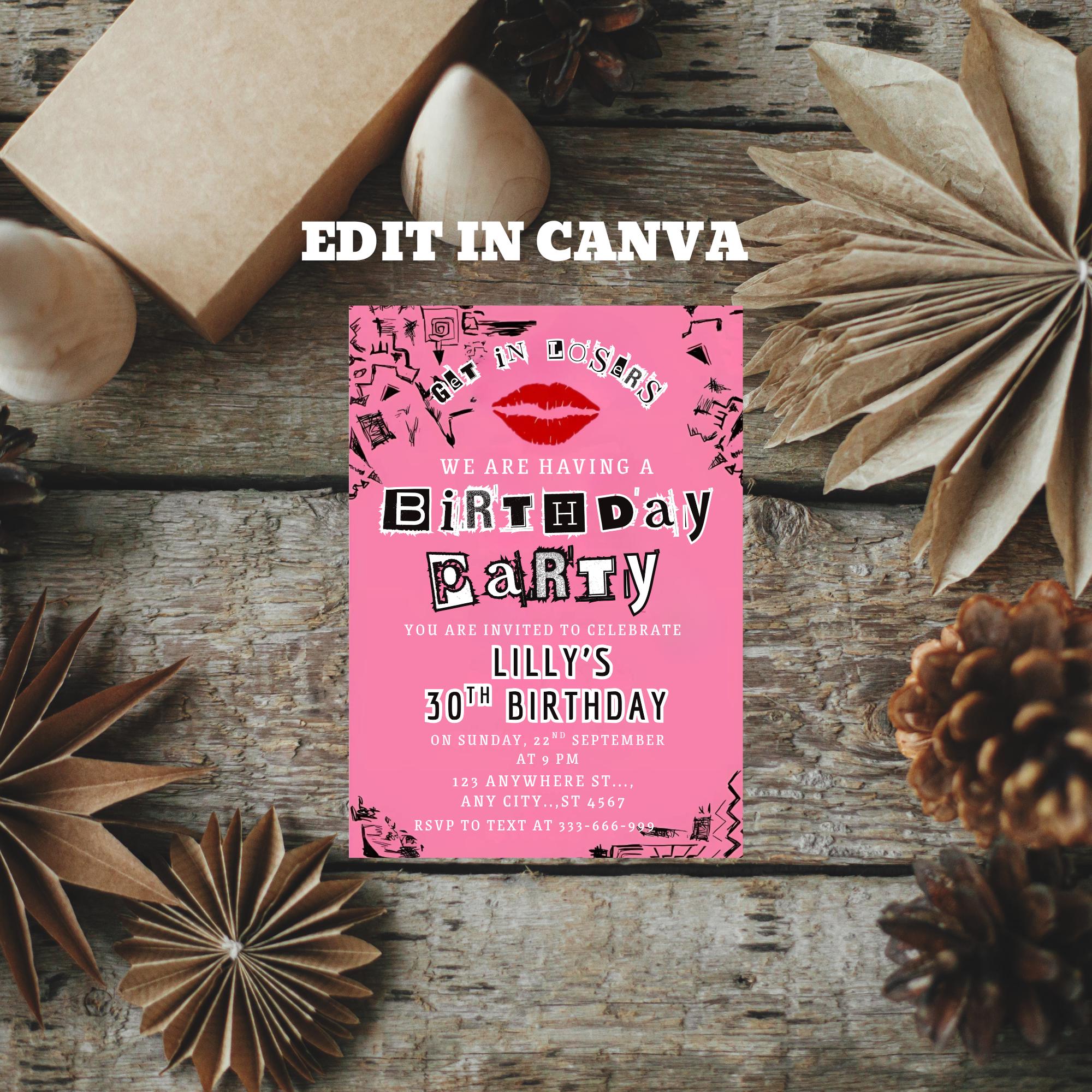 Mean Girls Birthday Invitation, Girl Pink Party Invite, Editable, 5x7 ...