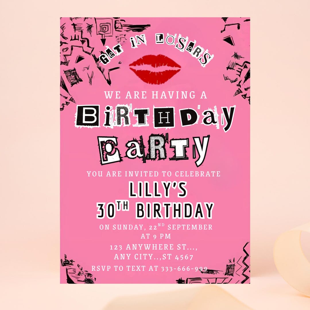 Mean Girls Birthday Invitation, Girl Pink Party Invite, Editable, 5x7 ...