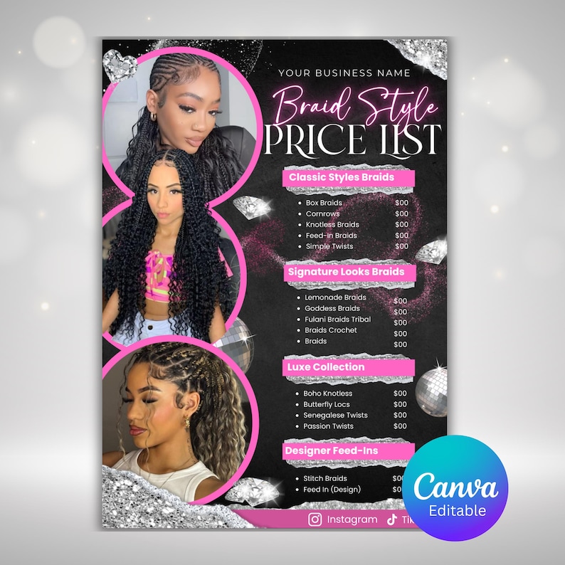 Braids Pricelist, Hair Styles Braiding Price Guide, DIY Flyer Template ...