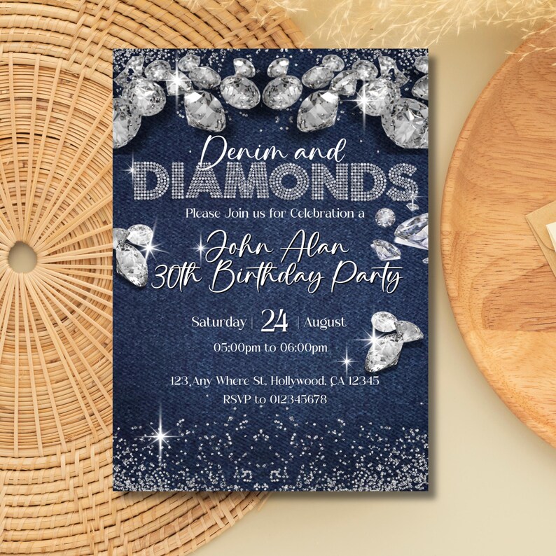 Denim and Diamonds Birthday Invitation, Editable Denim Birthday Dinner ...