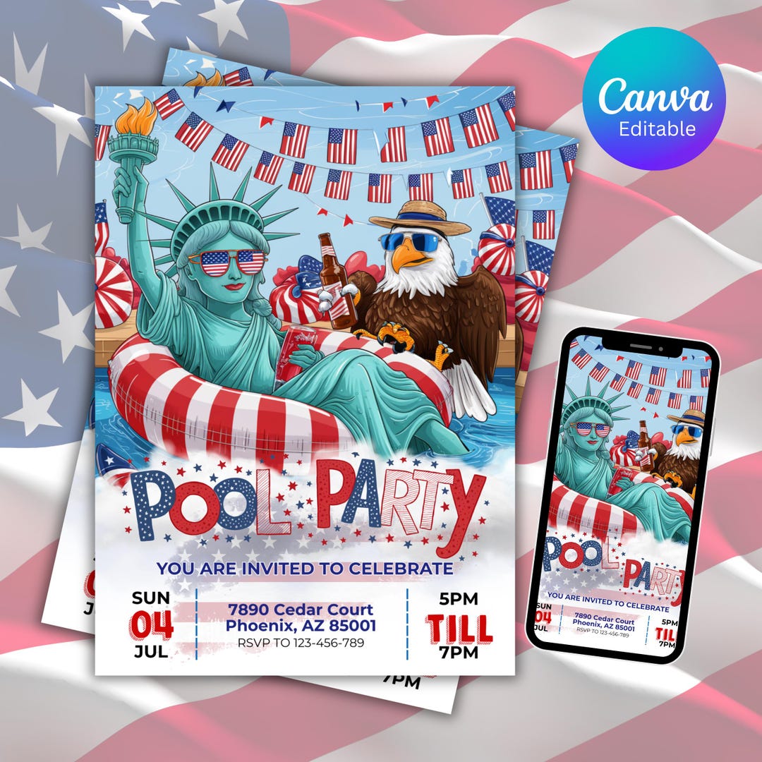 4th of July Pool Party Invitation - Independence Day Pool Party ...