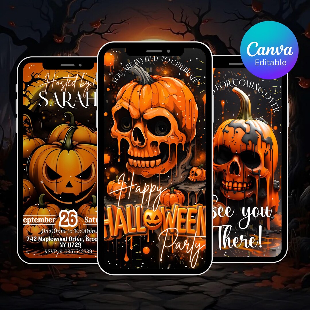 Digital Halloween Party Invitation, Animated Scull Pumpkin Party Video ...
