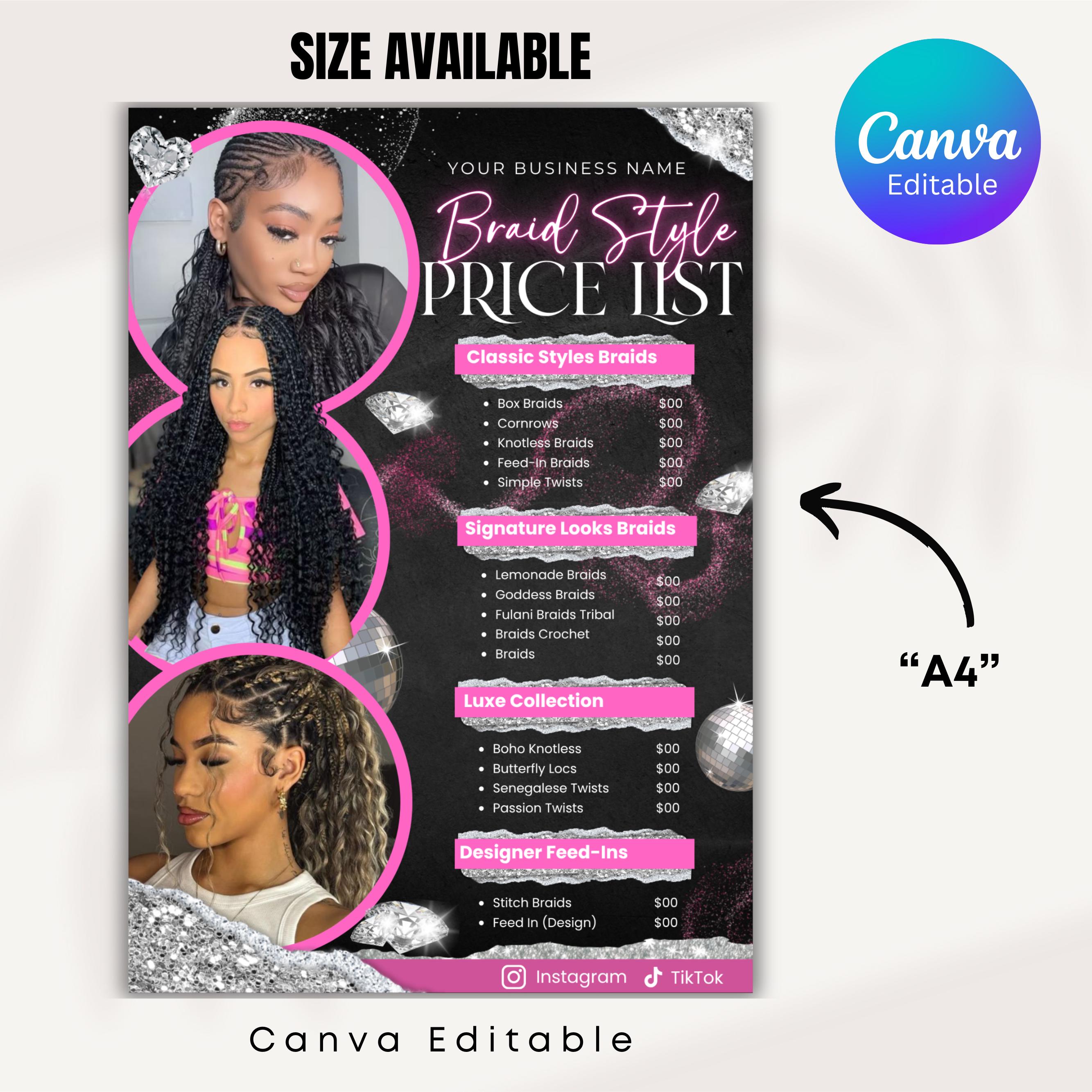 Braids Pricelist, Hair Styles Braiding Price Guide, DIY Flyer Template ...