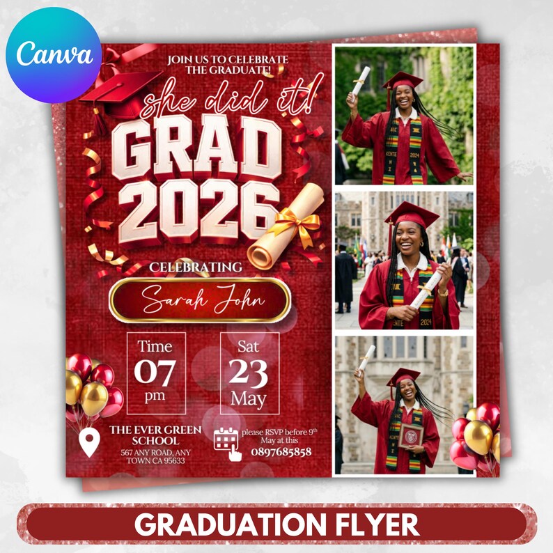Graduation Party Flyer, Class of 2026 Celebration, Editable Canva ...